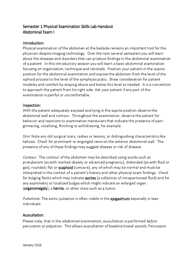 Semester 1 Physical Examination Skills Lab Handout Abdominal Exam I ...