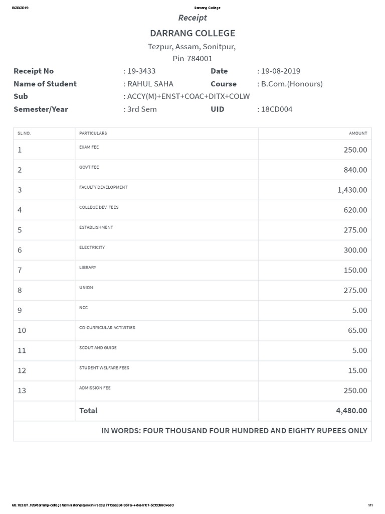 Darrang College: Receipt No Date Name of Student Course Sub Semester ...