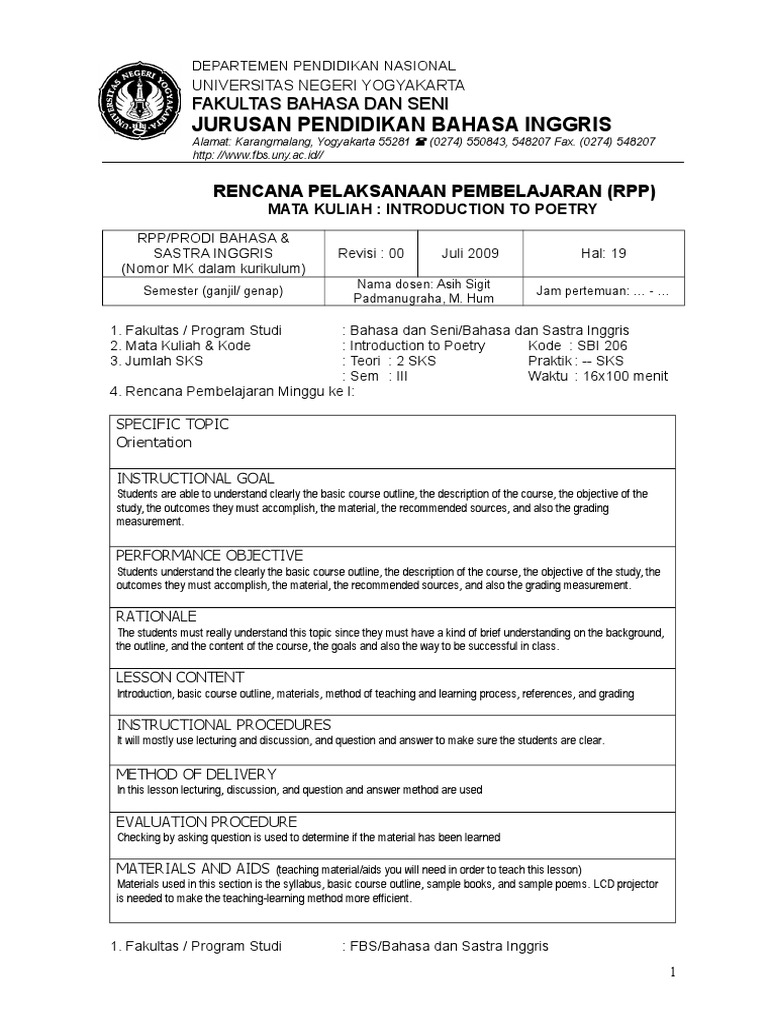 RPP-FBS-Sasing - Introduction To Poetry - 0 | PDF | Learning | Psychology