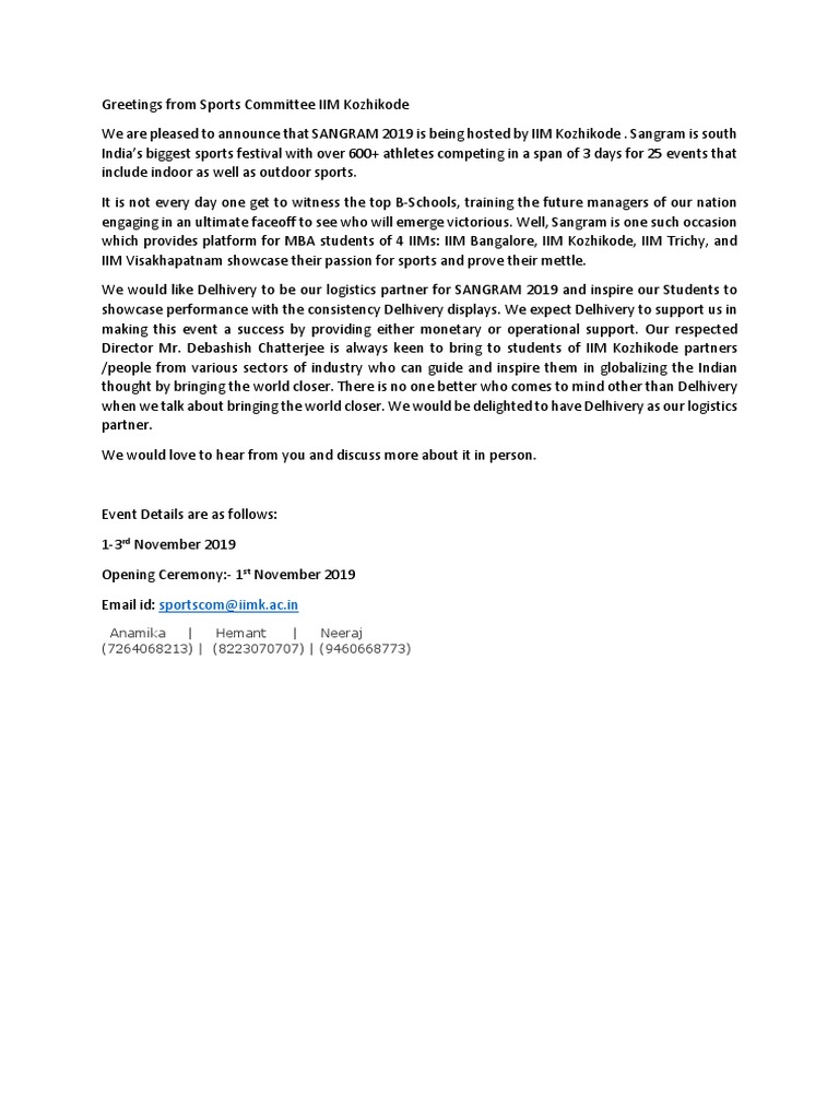 Invitation to Partner with IIM Kozhikode for their Annual Sports ...