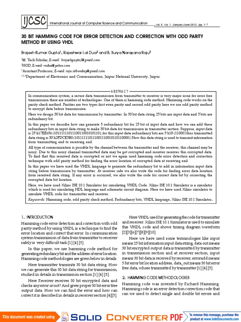 30 Bit Hamming Code For Error Detection and Correction With Odd Parity Method by Using VHDL ...