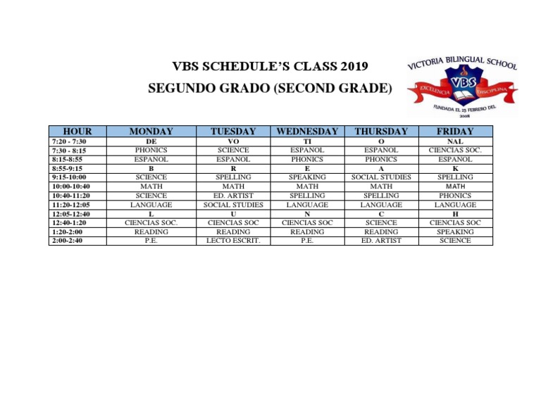 Vbs Schedule'S Class 2019 Segundo Grado (Second Grade) : Hour Monday ...