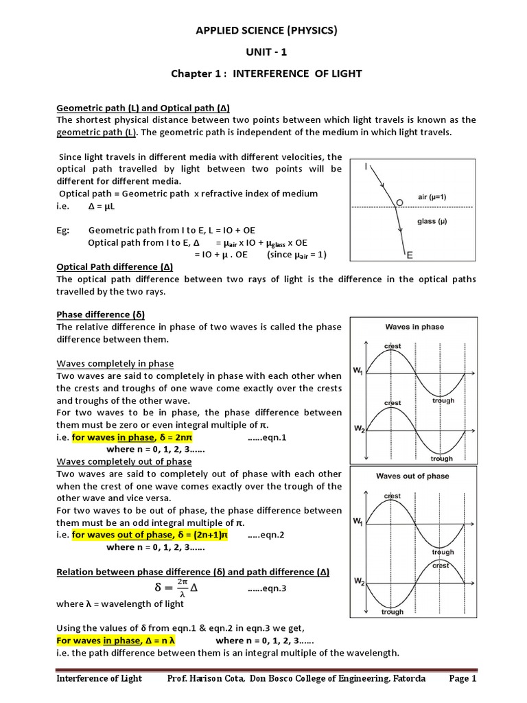 Chap 1 Interference Of Light New Syllabus 1 Pdf Waves Optics