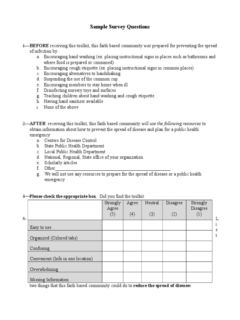 Sample Survey Questions | PDF | Epidemiology | Medical Humanities