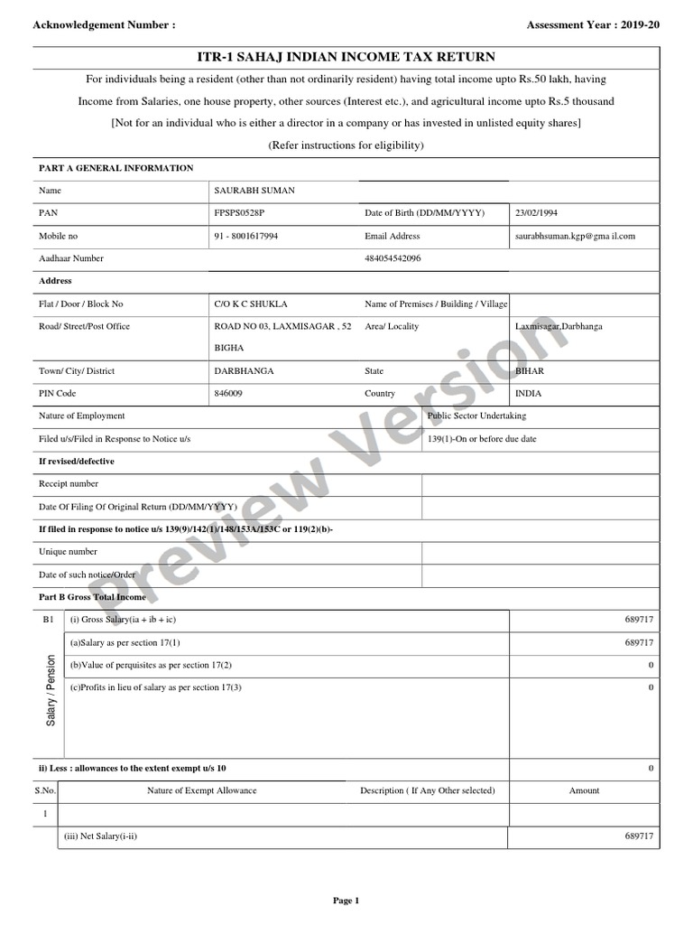 Itr-1 Sahaj Indian Income Tax Return: Acknowledgement Number ...