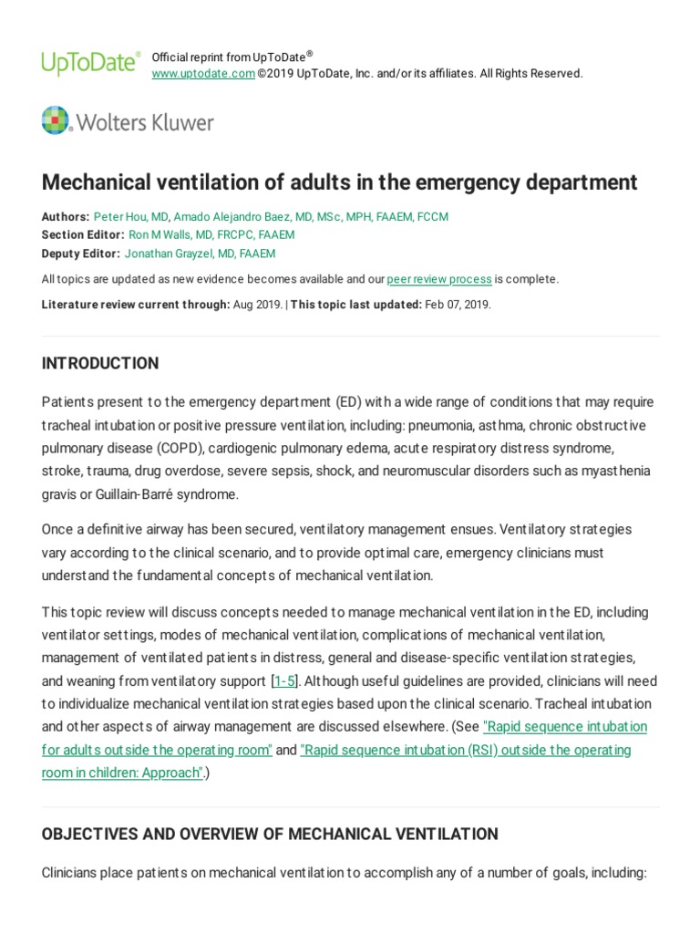 Mechanical Ventilation of Adults in The Emergency Department - UpToDate ...