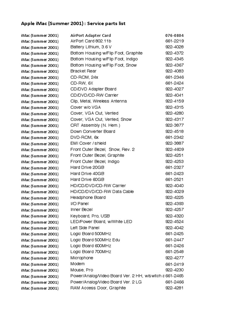 iMac 2001 Service Parts List | PDF | Computer Companies Of The United ...