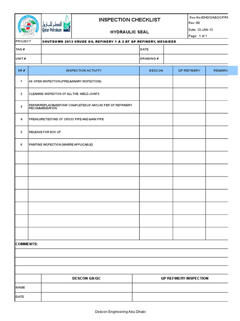 Inspection Checklist: Hydraulic Seal | PDF | Oil Refinery | Pipe (Fluid ...