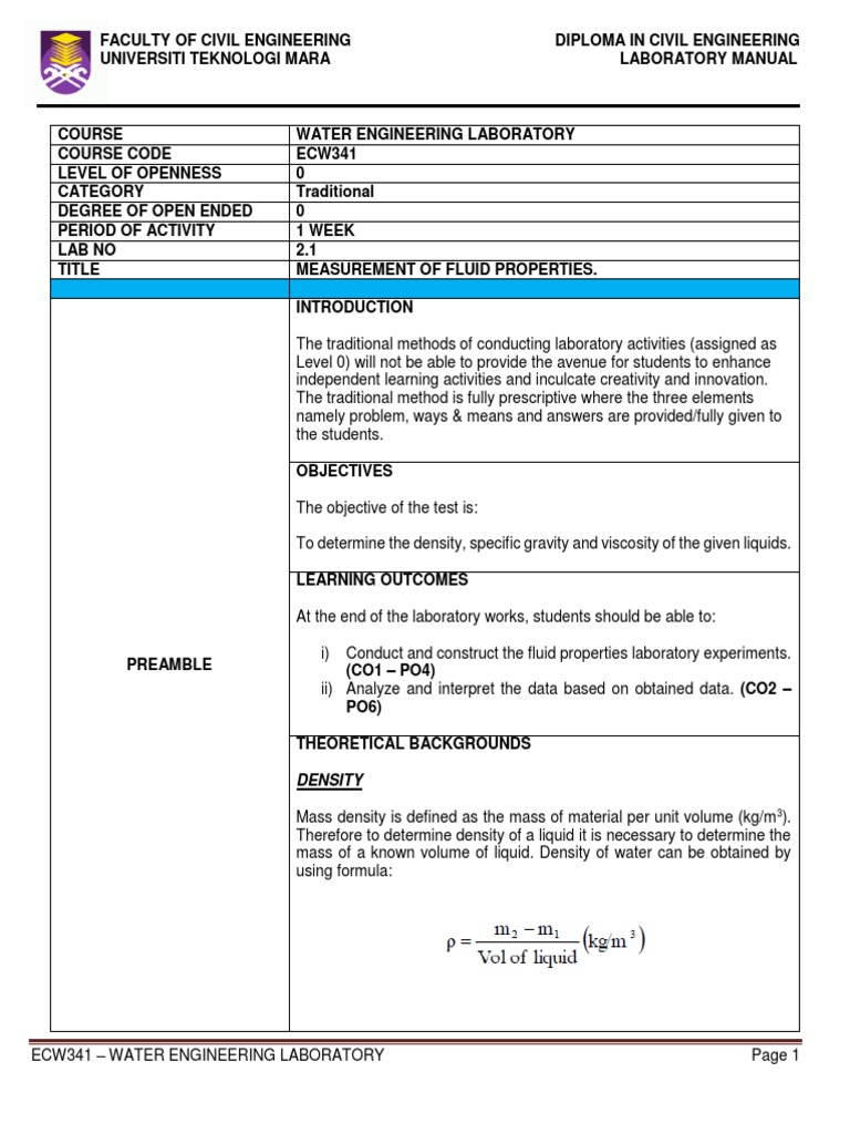 Fluid Properties Measurement Lab Guide | PDF | Density | Viscosity