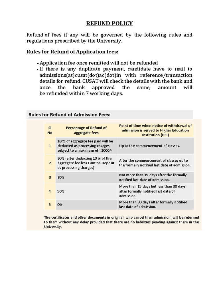 Cusat Refund Policy | PDF