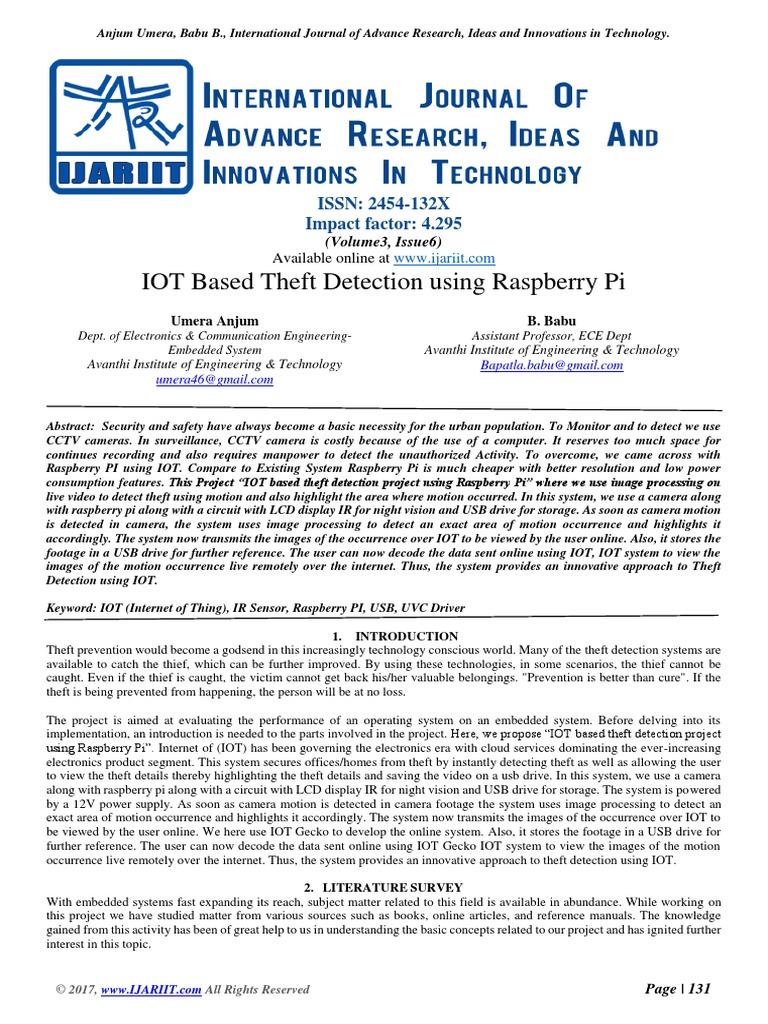 IOT Based Theft Detection Using Raspberry Pi: ISSN: 2454-132X Impact Factor: 4.295 | PDF ...