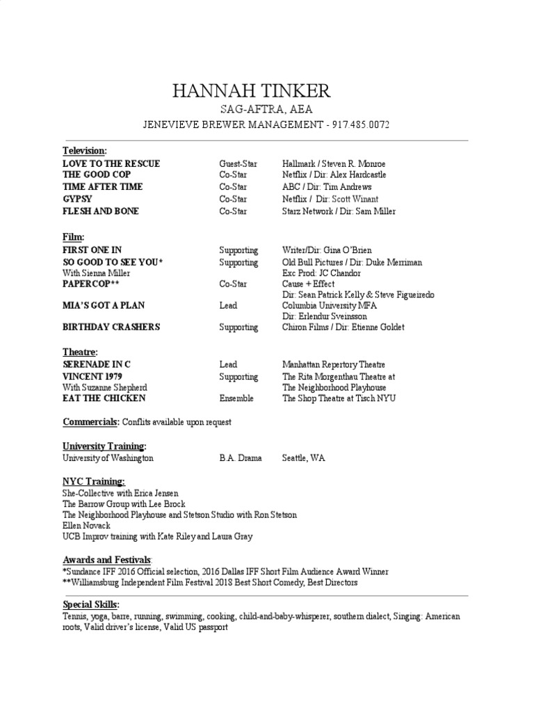 Hannah Tinker Acting Resume 2019 | PDF