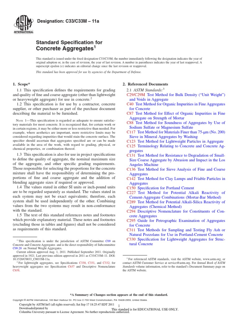 ASTM C33 11 Conc Aggregates | PDF | Construction Aggregate | Concrete