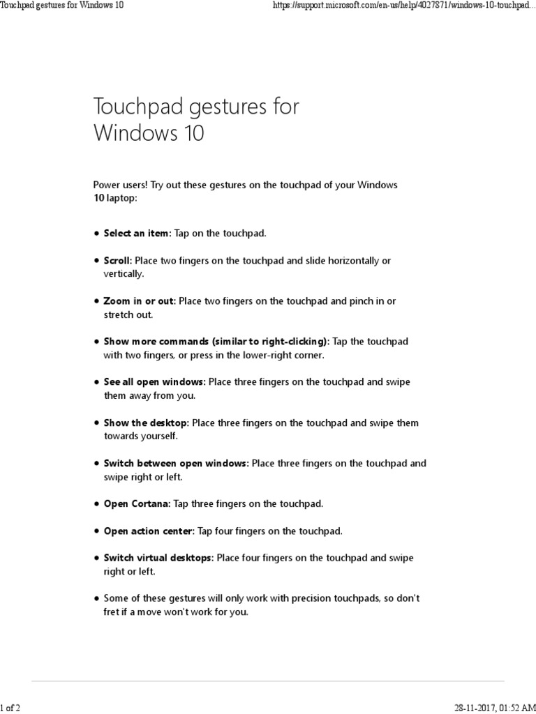 Touchpad Gestures For Windows 10 | PDF | Games & Activities