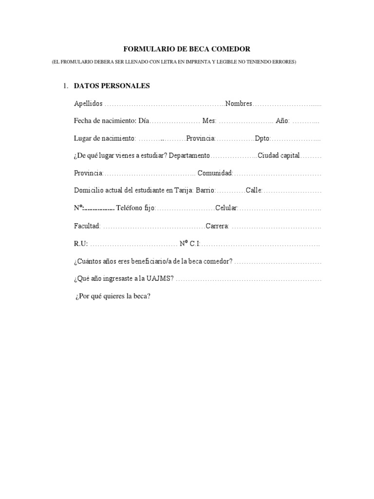 Formulario Beca Comedor UAJMS | PDF