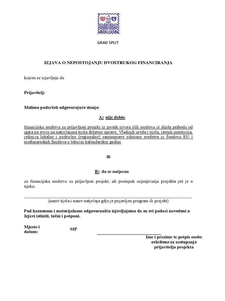 2017 - 09 - 22 - Obrazac Izjave o Nepostojanju Dvostrukog Financiranja ...