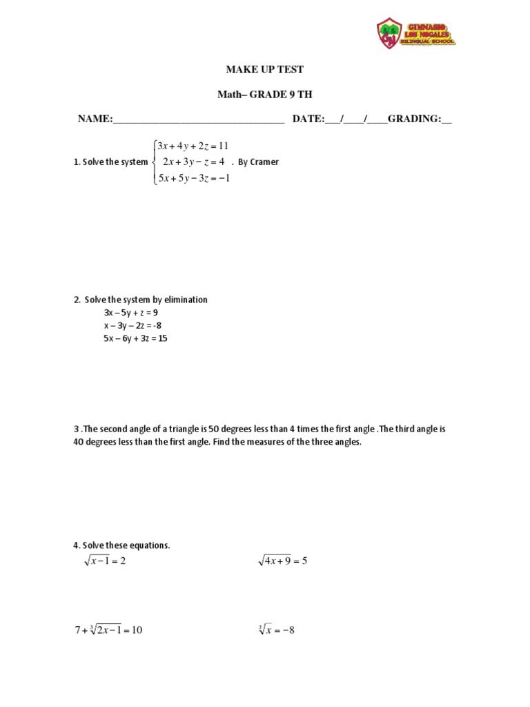 Make Up Test Math - Grade 9 TH NAME: - DATE: - / - / - GRADING | PDF