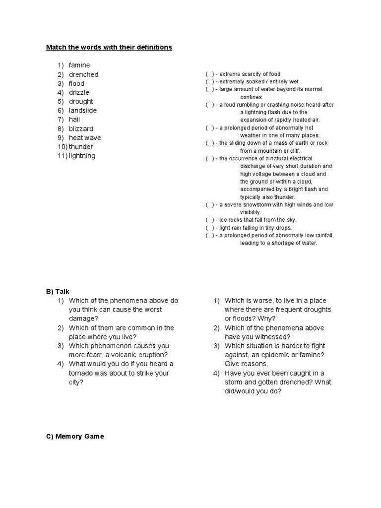 Matching Memory Game Pdf Blizzards Lightning