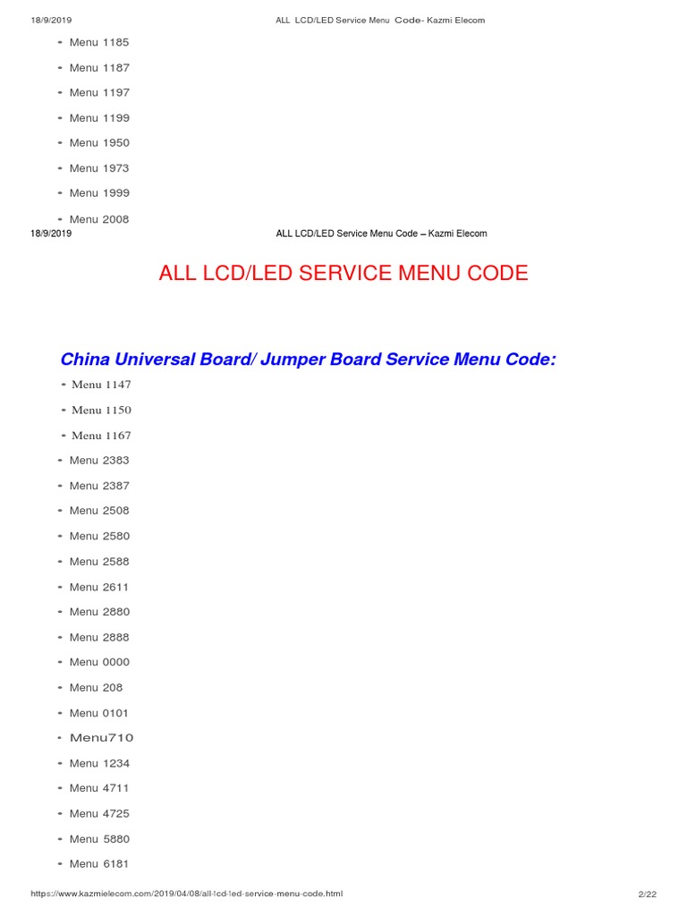 Kazmi Elecom LED TV Service Codes | PDF | Menu (Computing) | Electronics