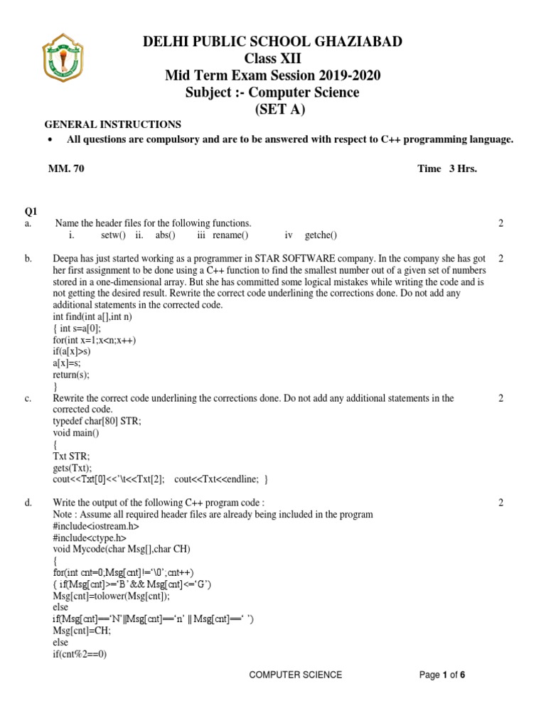 Class XII Computer Science Exam | PDF | Array Data Structure | Subroutine