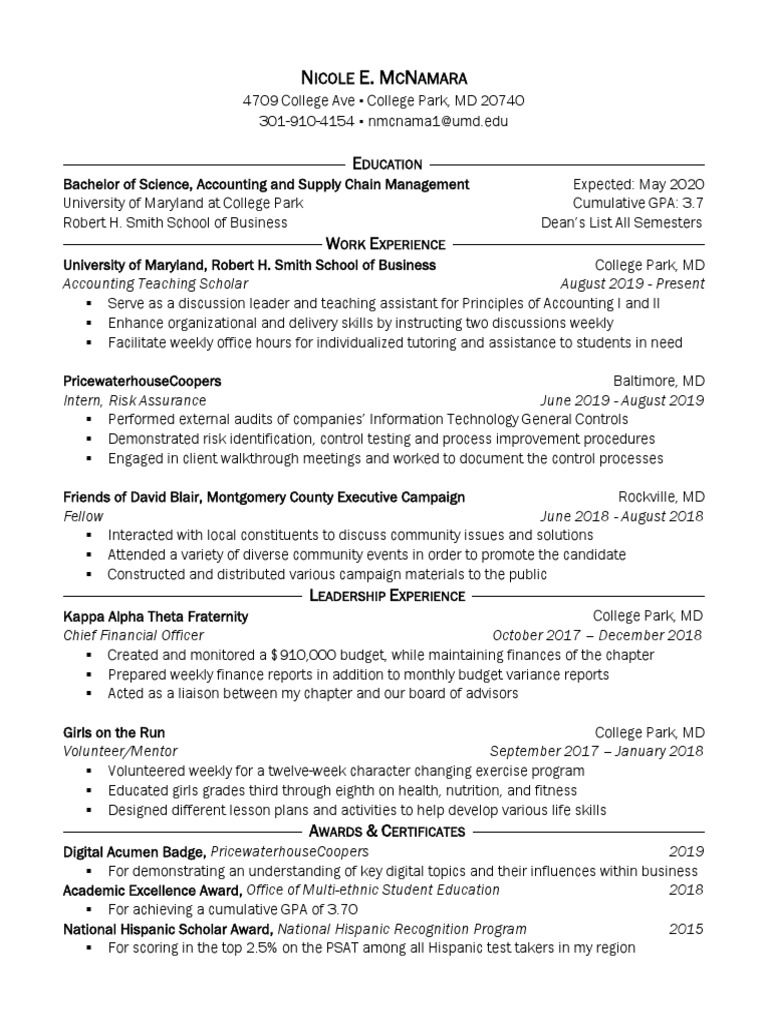 Resume - Mcnamara Nicole | PDF | Pricewaterhouse Coopers | Accounting