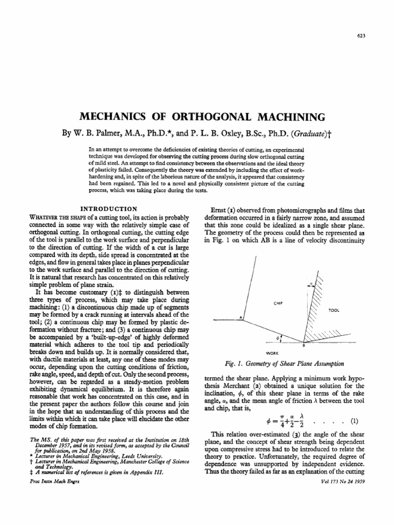Mechanics of Orthogonal Machining - Palmer and Oxley 1959 | Download ...