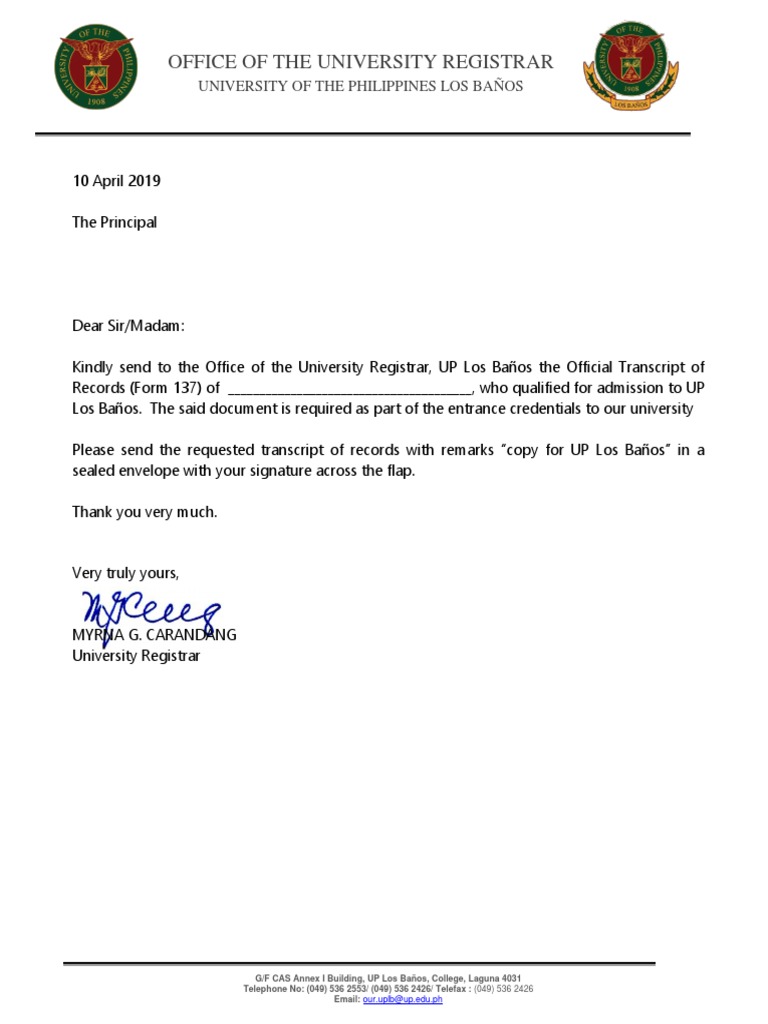 Request for Transcript to UPLB Registrar | PDF