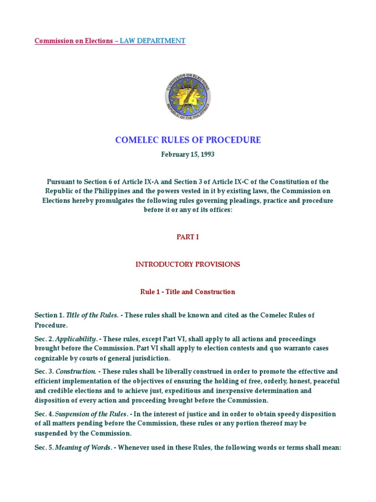 Comelec Rules of Procedure: Commission On Elections | PDF ...