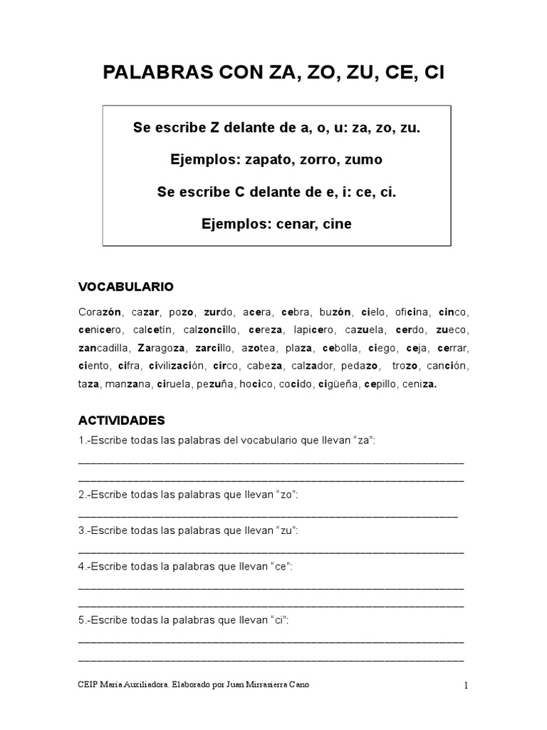 Palabras Con Za Zo Zu Ce Ci | Descargar gratis PDF | Cocina