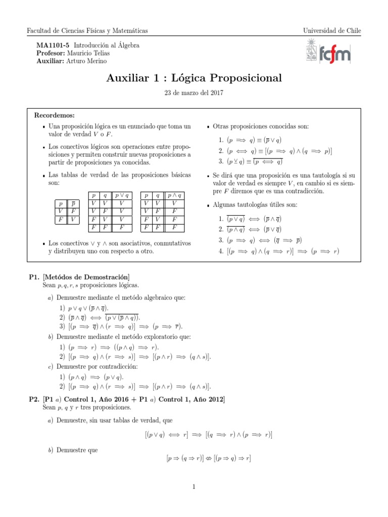Auxiliar 1 L Gica Proposicional | PDF | Proposición | Razonamiento
