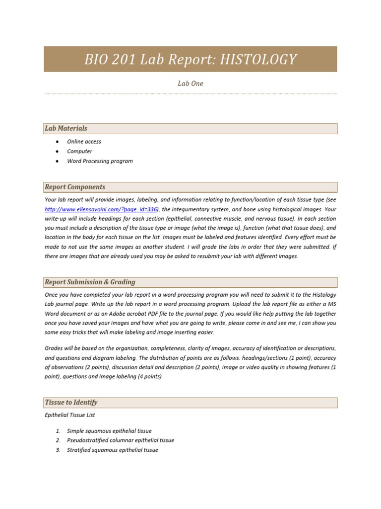 BIO 201 Lab Report: HISTOLOGY | PDF | Epithelium | Tissue (Biology)