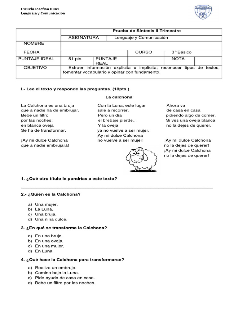 Evaluación de Español para Primer Grado | PDF