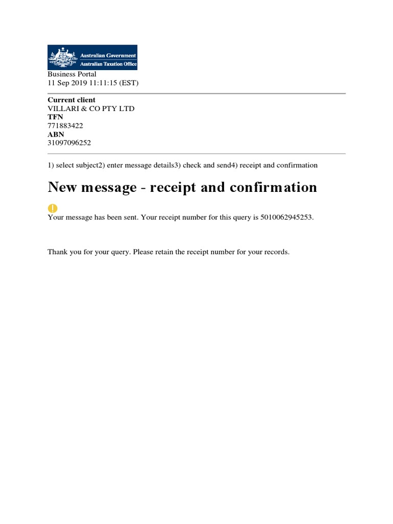 New Message - Receipt and Confirmation: Current Client TFN ABN | PDF