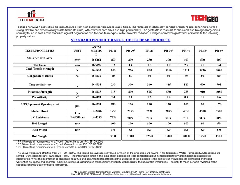 Techgeo Nonwoven Geotextiles Technical Data Sheet | PDF | Nonwoven Fabric | Building Engineering
