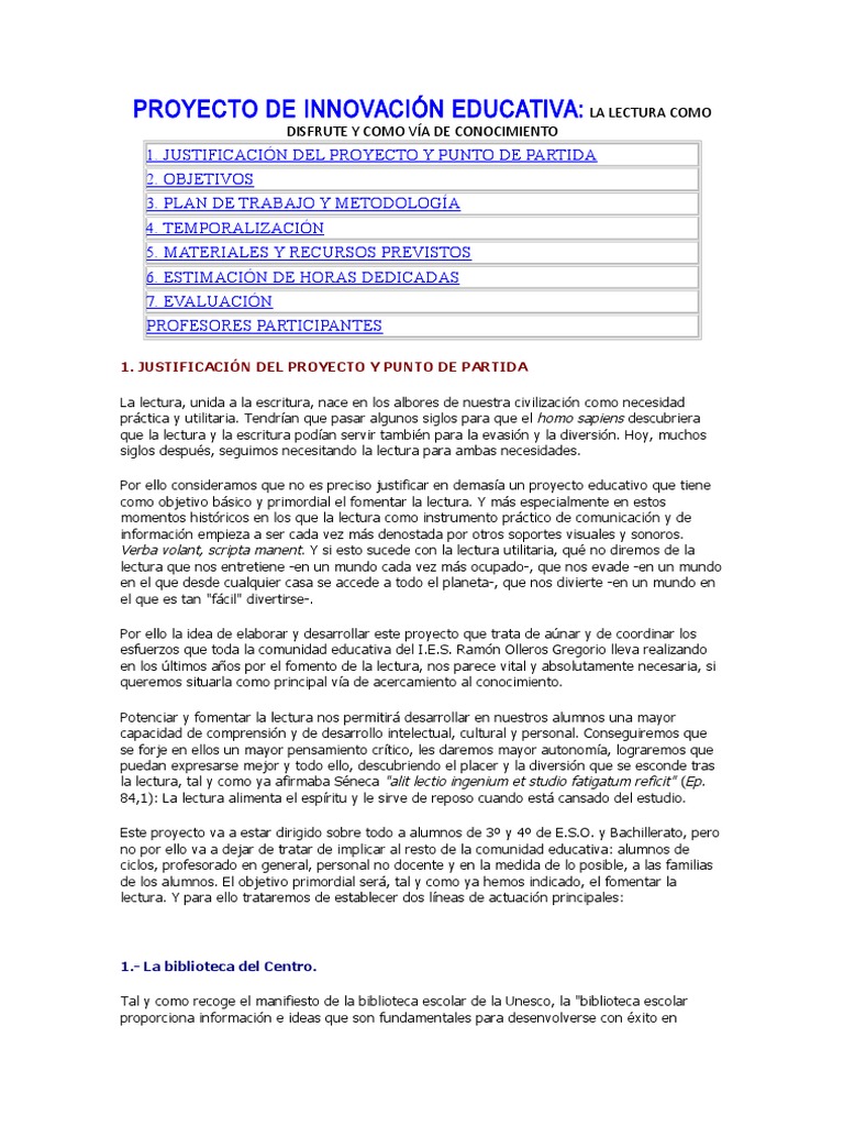 Proyecto de Innovación Educativa Lectura | PDF | Bibliotecas | Publicación