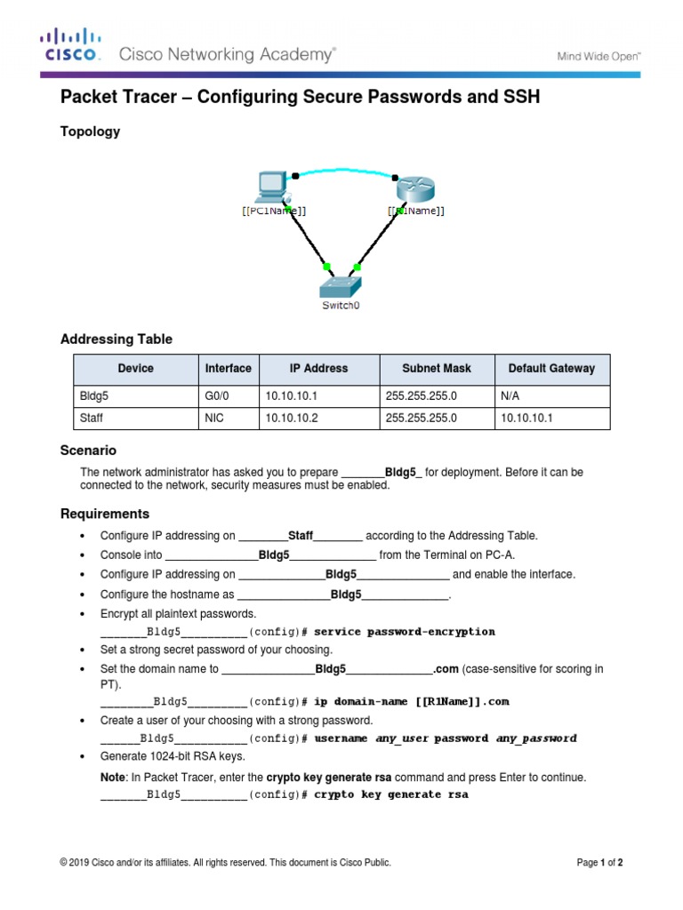 11.2.4.5 Packet Tracer - Configuring Secure Passwords and SSH | PDF ...