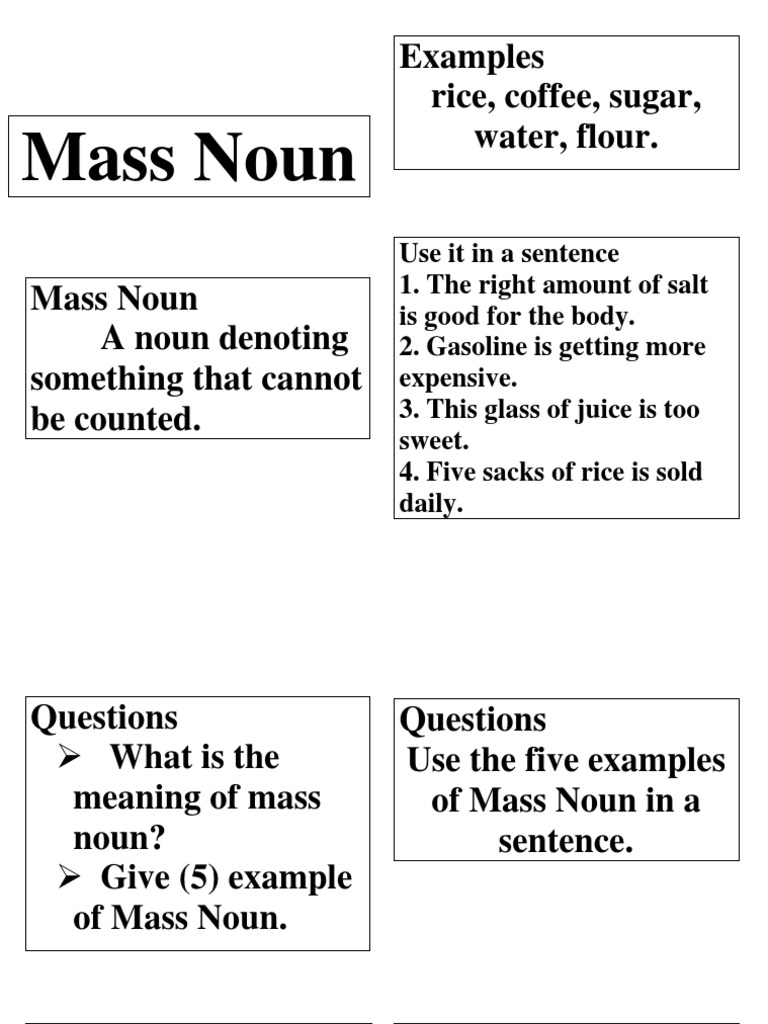 Examples Rice, Coffee, Sugar, Water, Flour.: Mass Noun | PDF
