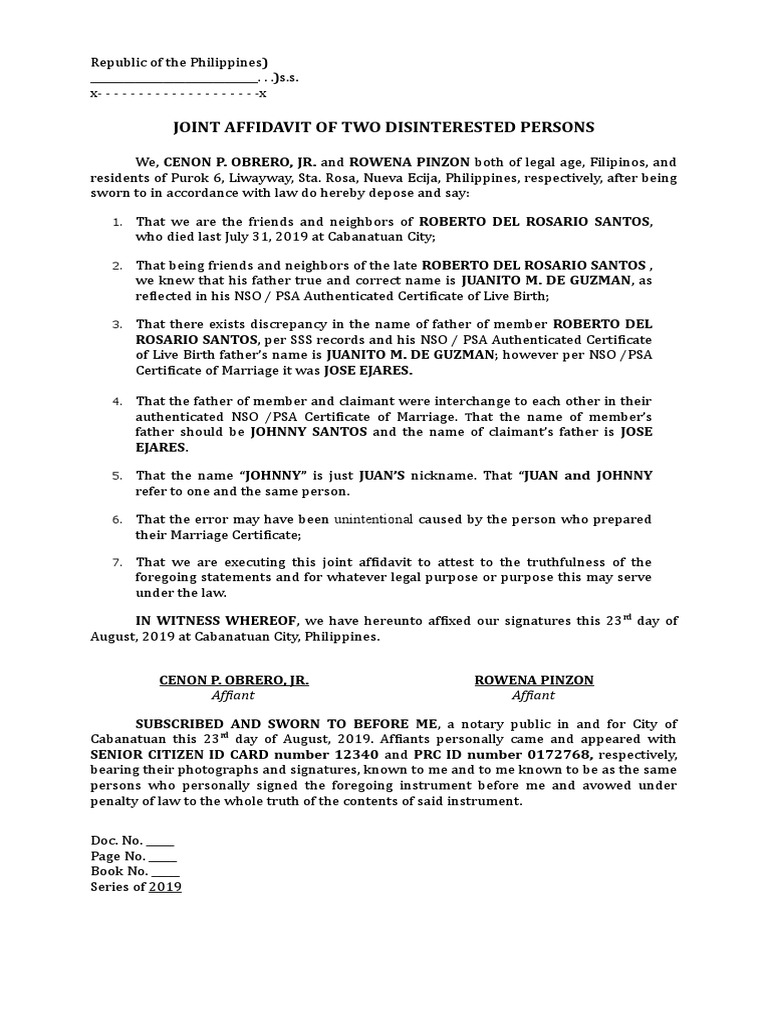 Joint Affidavit of Two Disinterested Person First Name J | PDF ...