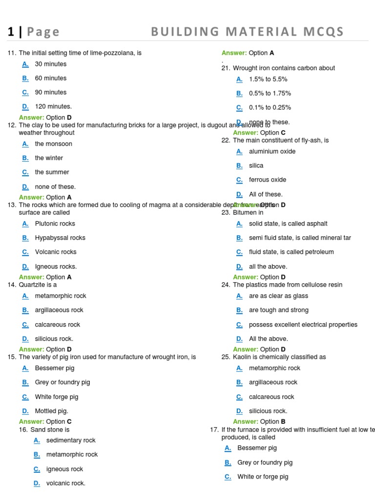 Building Material Mcqs | PDF | Rock (Geology) | Iron