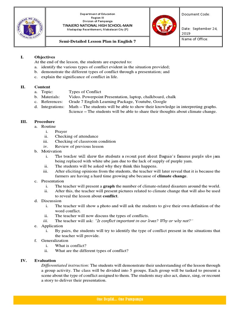 Types of Conflict Lesson Plan for Grade 7 | PDF | Differentiated ...