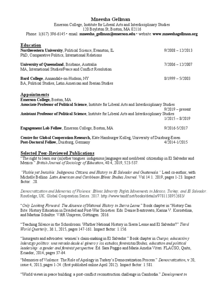 Mneesha Gellman CV, Full, 9-10-2019 | PDF | Latin America | Cambodia