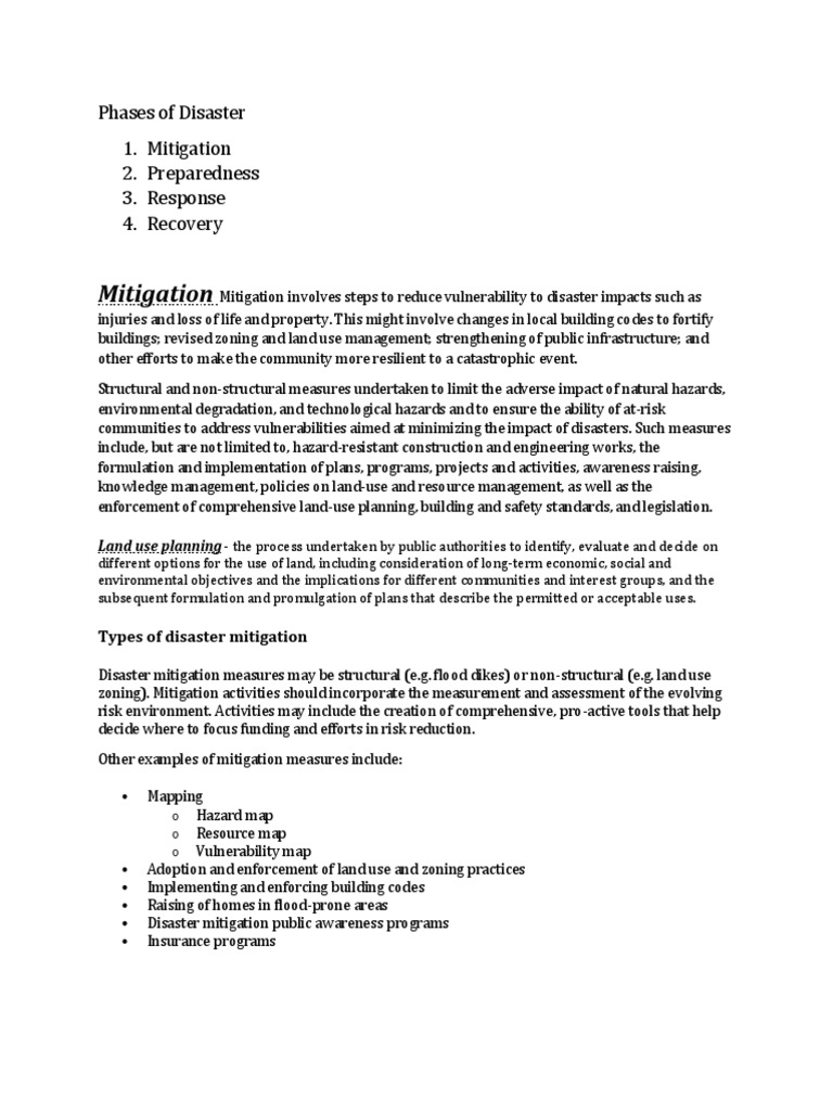 Mitigation: Phases of Disaster 1. Mitigation 2. Preparedness 3 ...