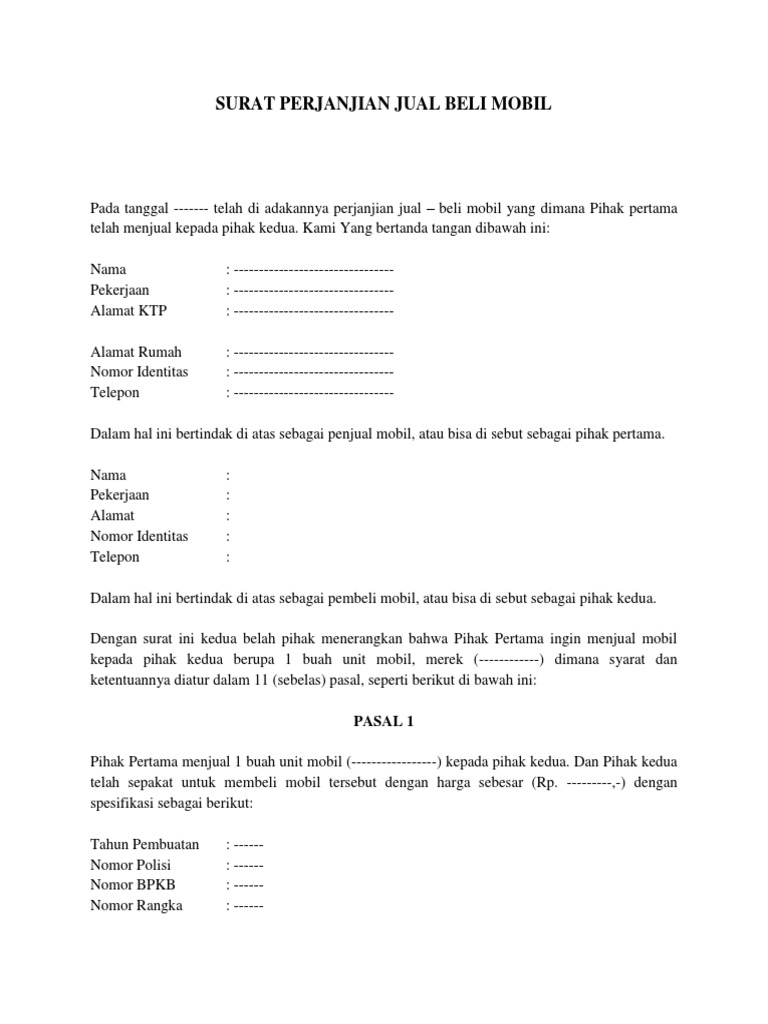Template Surat Perjanjian Jual Beli Mobil Dan Truk | PDF