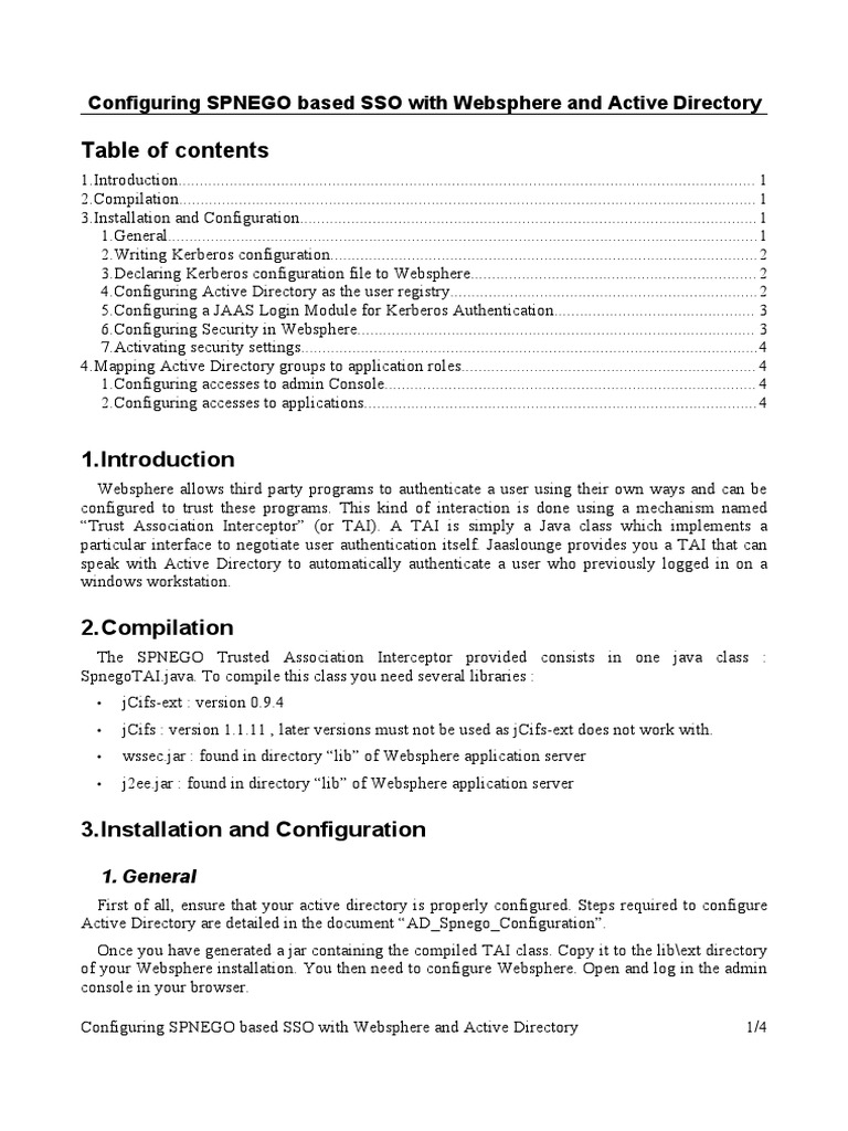 Configuring Spnego Based Sso With Websphere And Active Directory Pdf Computer Access Control