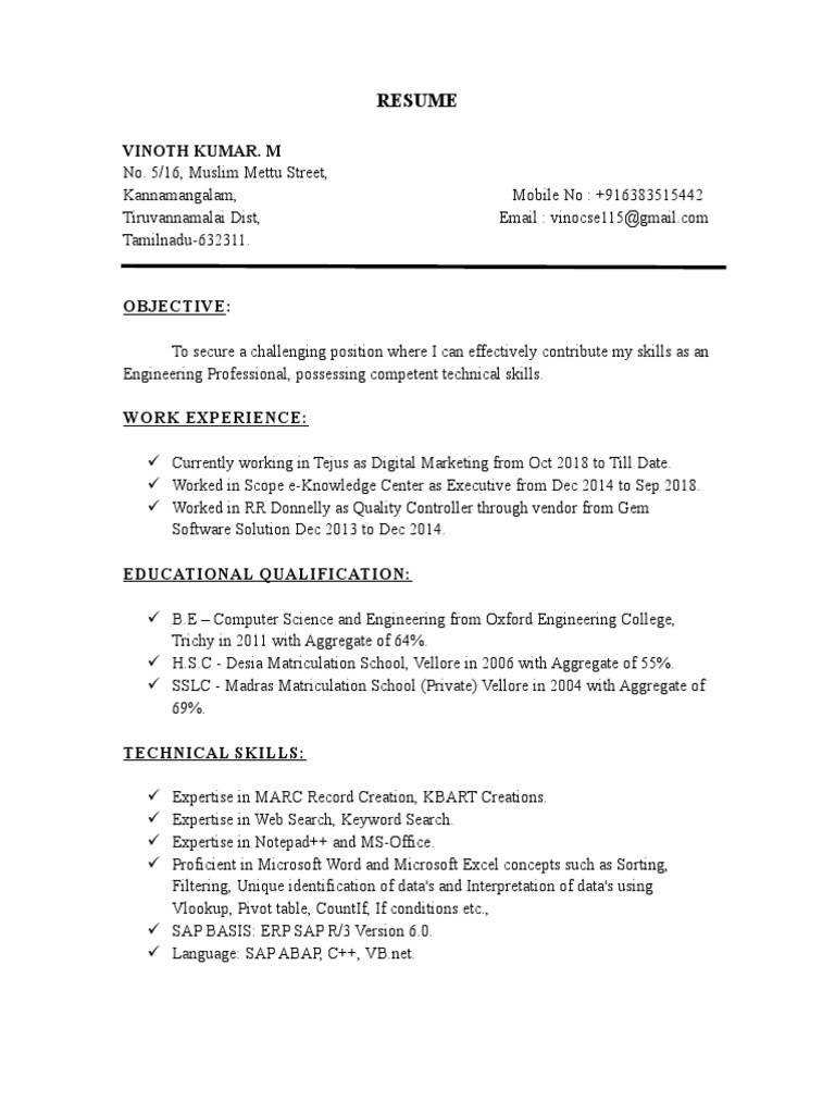 Vinoth Kumar Resume | PDF | Cataloging | Databases