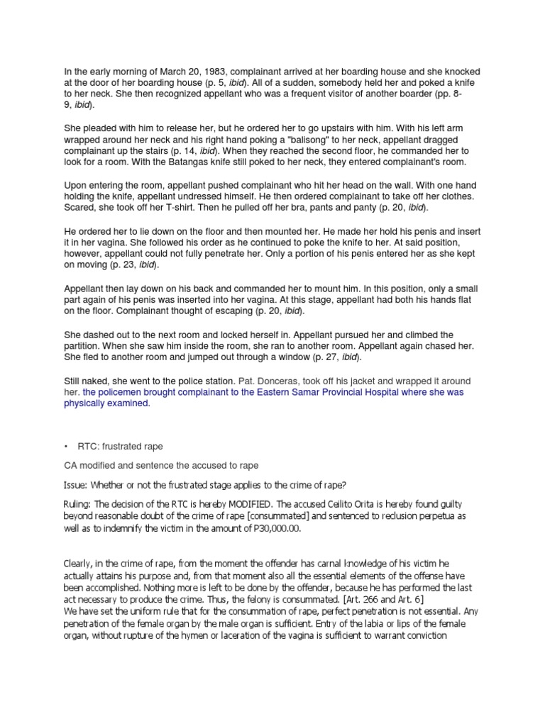 Ruling on Whether a Crime of Rape was Consummated or Frustrated Based on the Facts of ...