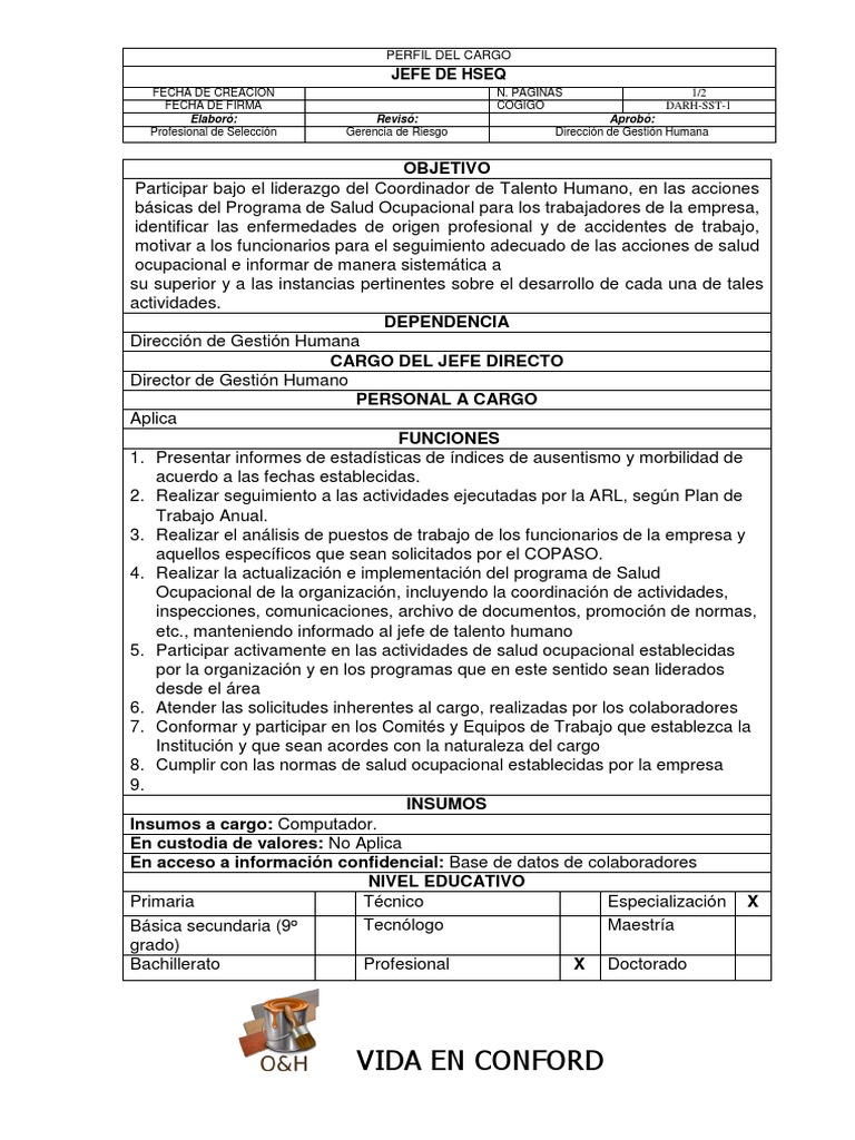 Perfil De Cargo Jefe De Hseq Oyh Pdf Seguridad Y Salud