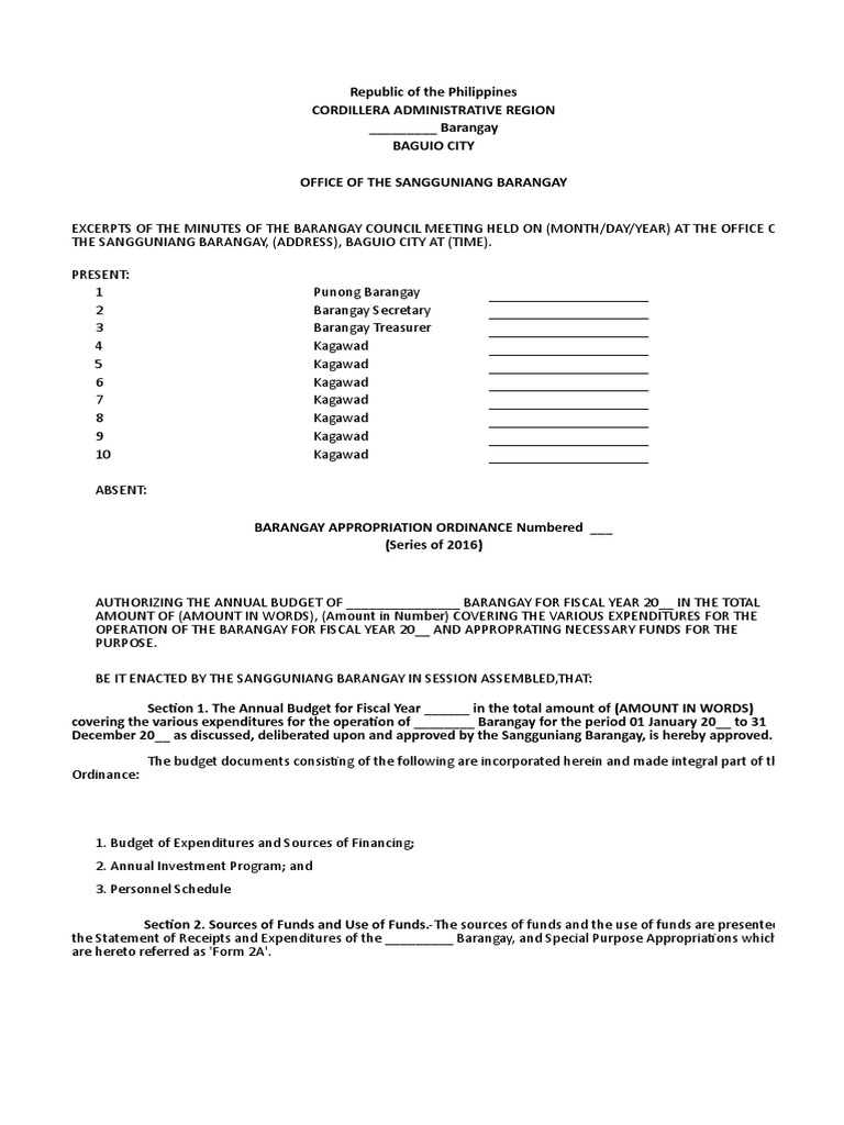Minutes of the Barangay Council Meeting and Annual Budget Appropriation ...
