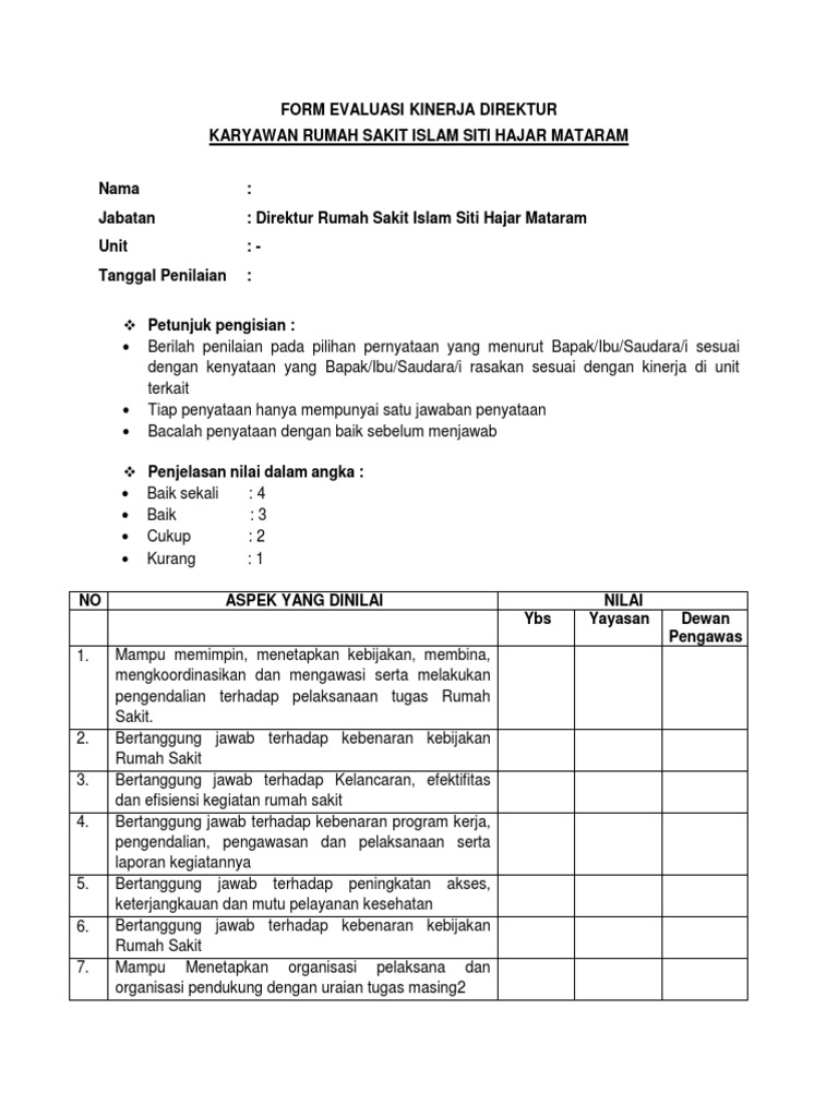 Contoh Form Penilaian Direktur Rsia | PDF