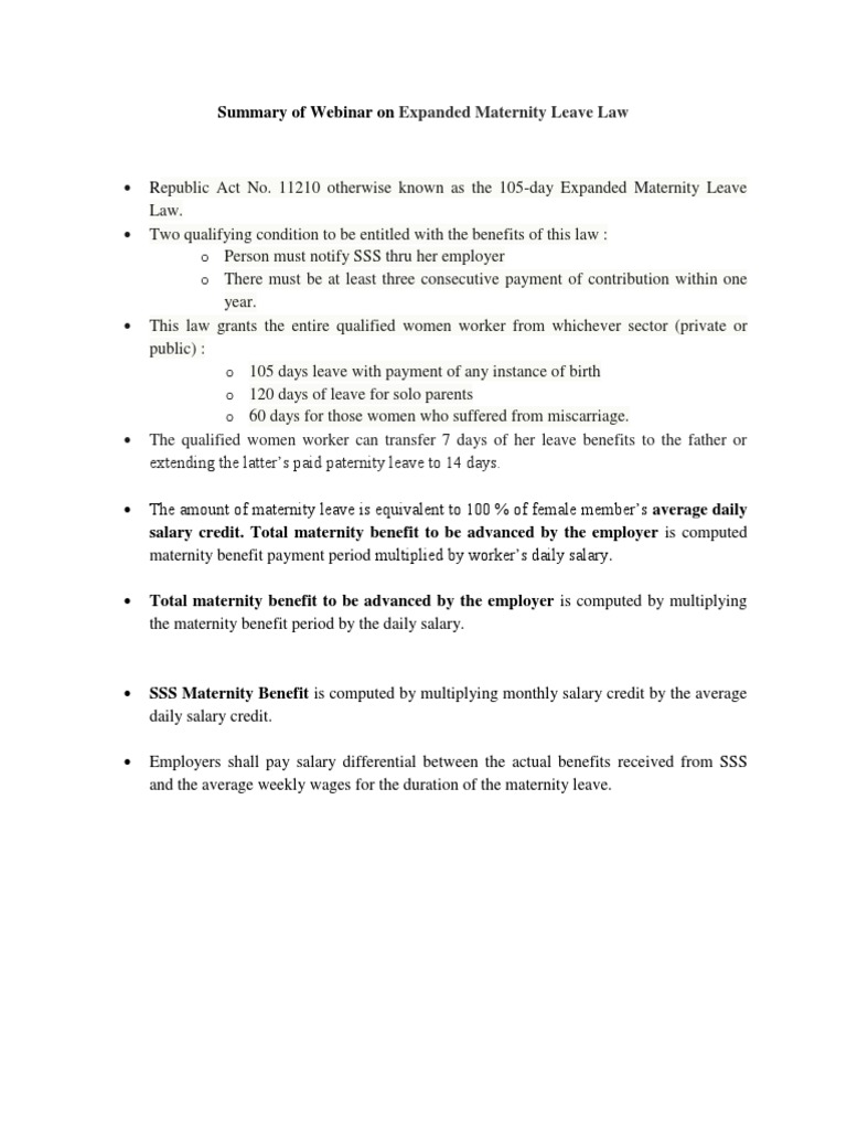 RA 11210: Expanded Maternity Leave Summary | PDF | Parental Leave | Salary